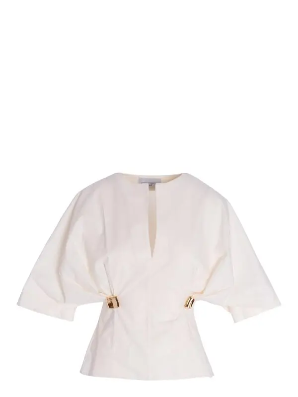 CONCEPTO V-neck Gathered Cotton Top With Gold Detail - White