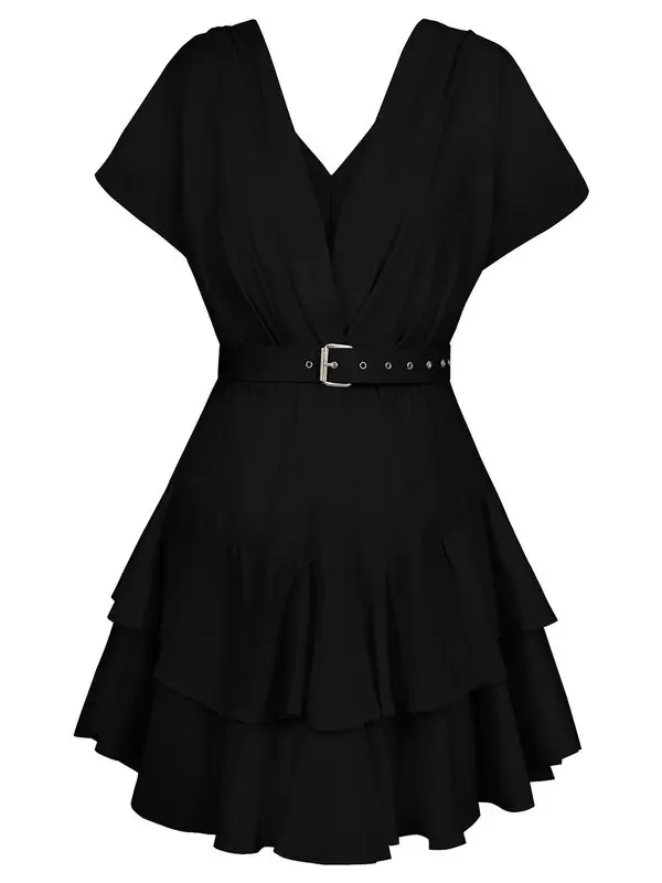 ALINA CERNATESCU Linen Bamboo Midi Dress With Ruffle Skirt And Belt - Black