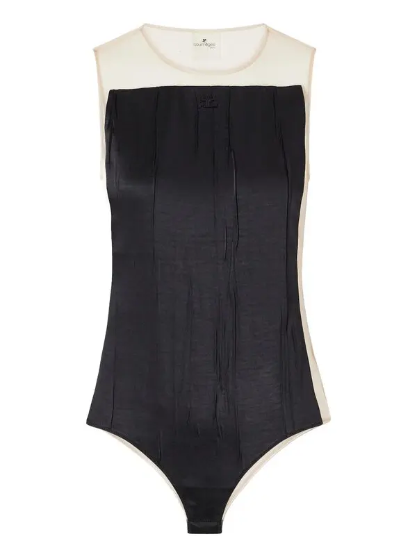 COURREGES Logo-appliqué Crinkled Satin And Organza Bodysuit - Black