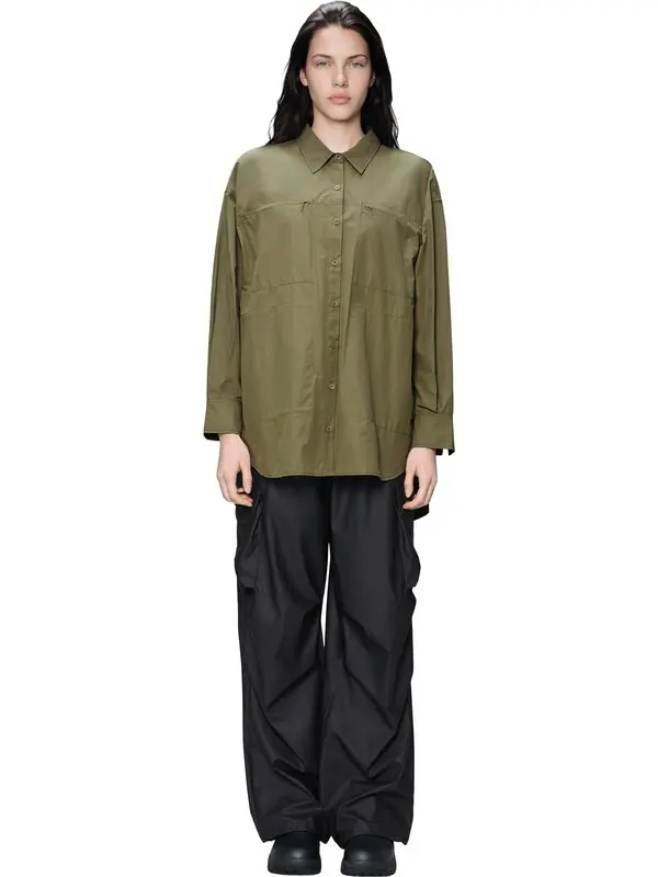 Rains Light Woven Oversized Shirt With Zip Pockets - Moss
