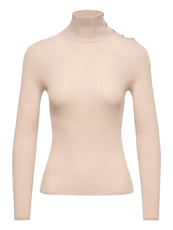 Moncler Ribbed Turtleneck Sweater With Button Detail - Beige