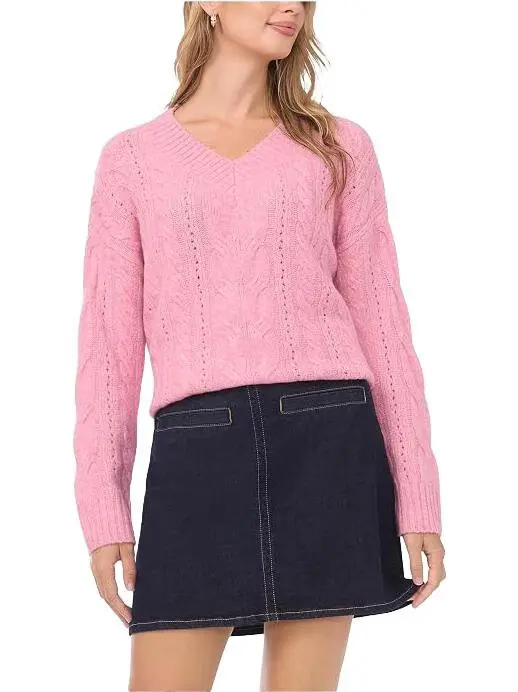 Vince Camuto Cable V-neck Pullover Sweater - Pink