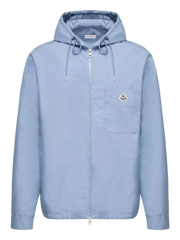 Moncler Cotton Blend Poplin Hooded Shirt Jacket - Blue
