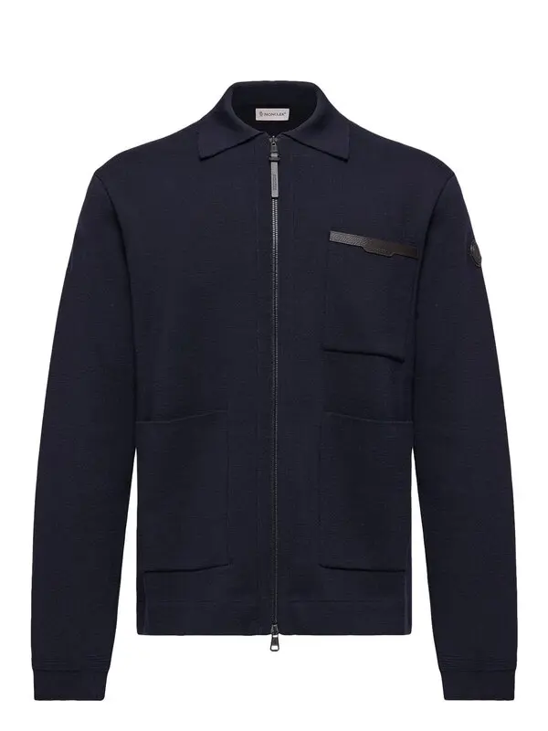 Moncler Leather Logo Wool Zip-up Cardigan - Blue