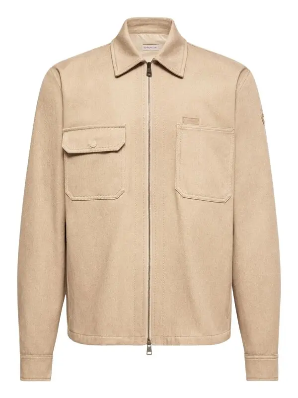 Moncler Leather Logo Cotton Shirt Jacket - Beige