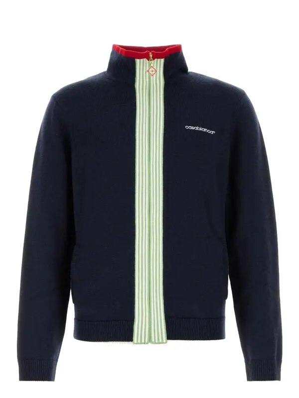 Casablanca Navy Wool Cardigan With Striped Detailing - Blue