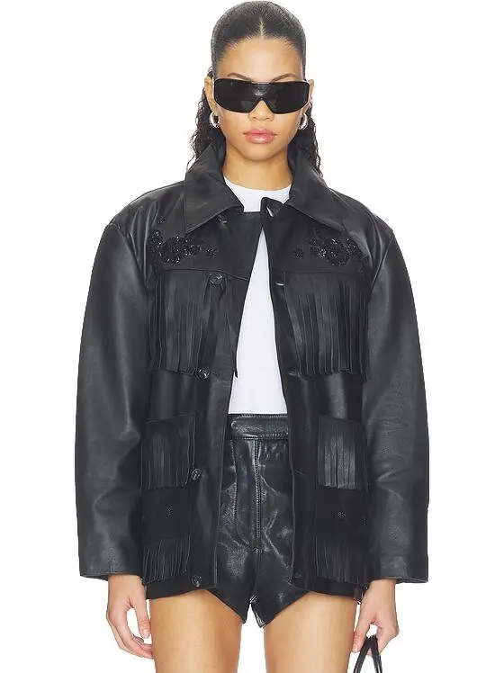 FOUND Hand Embroidered Leather Fringe Jacket - Black