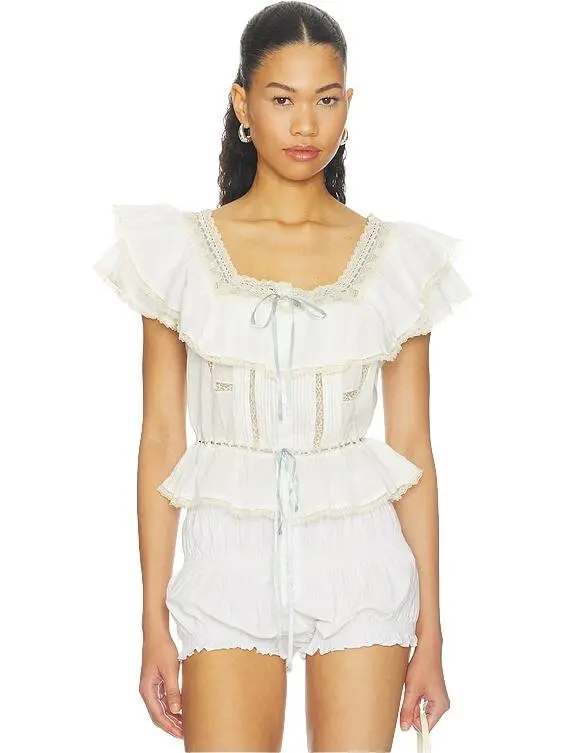 Rixo Melisa Top With Ruffle Lace Trim - Ivory