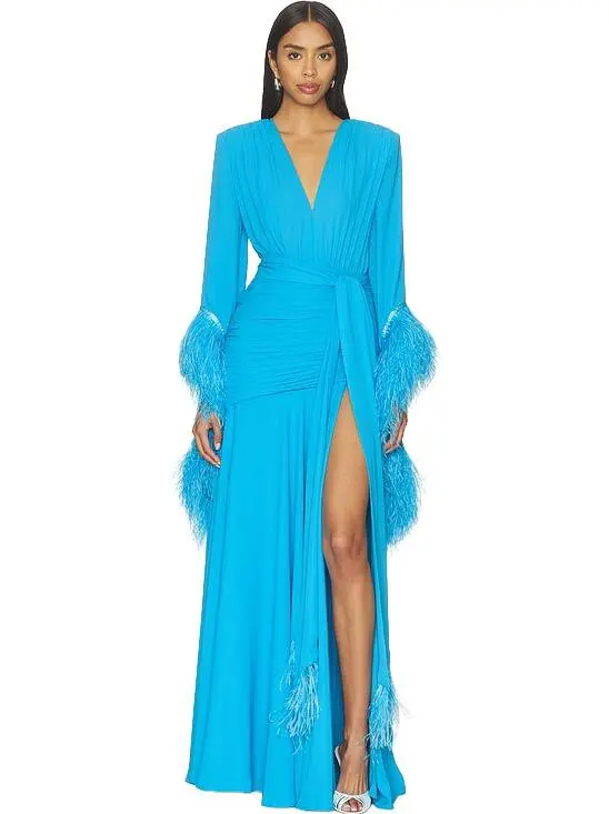 BRONX BANCO Geisha Maxi Dress With Feather Trim - Cerulean
