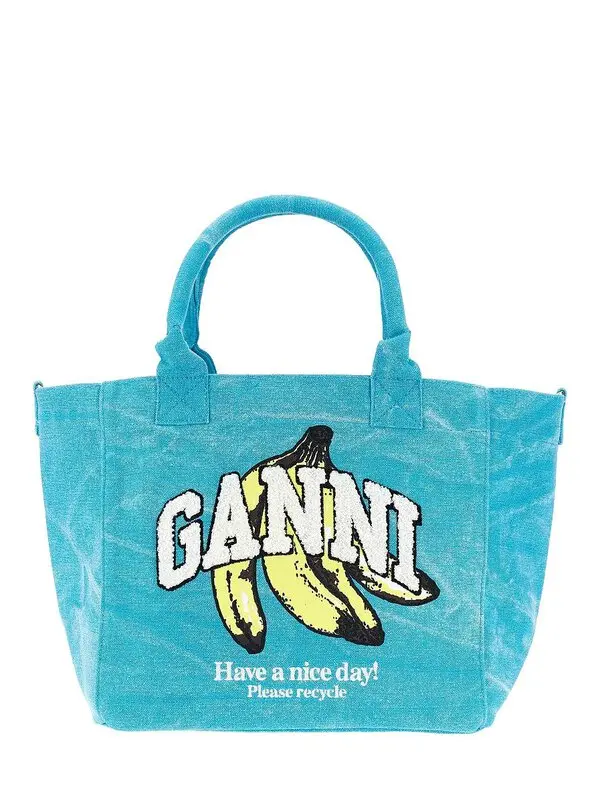GANNI Cotton Canvas Shopping Bag With Banana Print - Blue