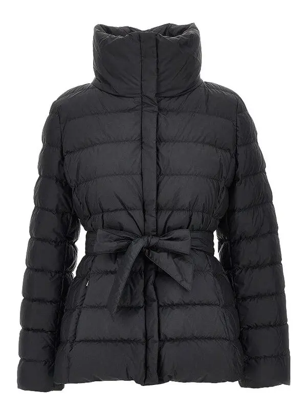 Max Mara Padded Nylon Down Jacket With Stand Collar And Belt - Black