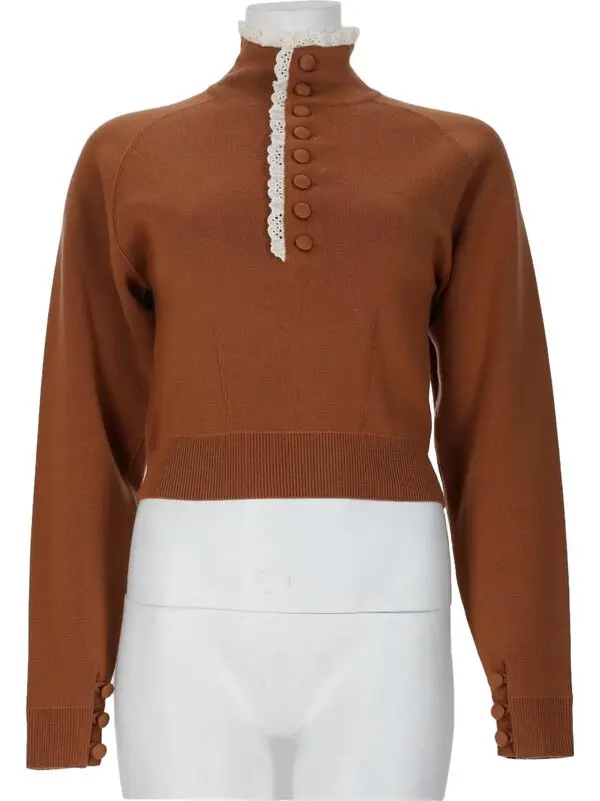 Chloé High Neck Wool And Lace Pullover - Brown