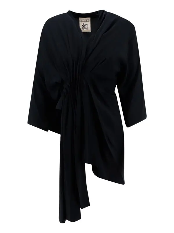 SEMICOUTURE Silk Blend V-neck Top With Draped Trim - Black