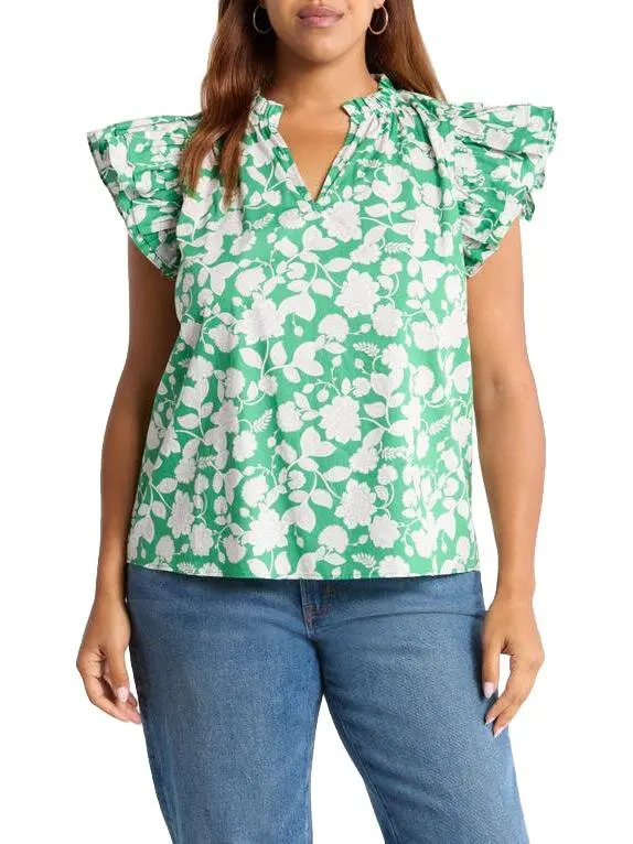 SUGARLIPS Baxley Risette Ruffle Floral Cotton Top - Green-grey