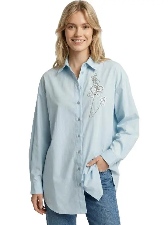 EXQUISE Embroidered Long Sleeve Shirt - Blue