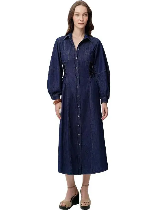 EXQUISE Arnaude Side Tie Long Sleeve Midi Dress - Blue