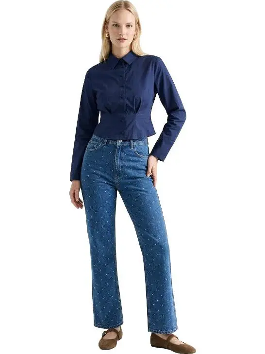 EXQUISE Lilyy High Waisted Wide Leg Embellished Denim Jeans - Navy