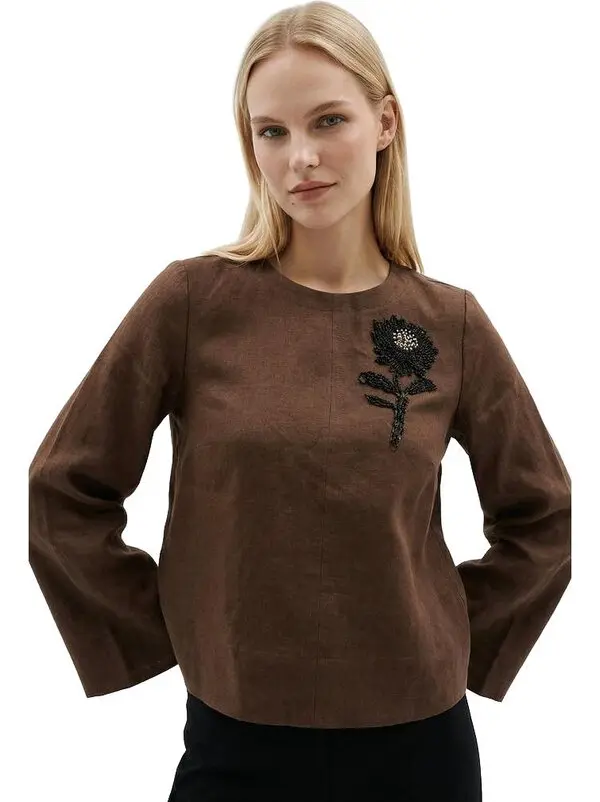 EXQUISE Long Sleeve Linen Blouse With Embroidered Neckline - Brown
