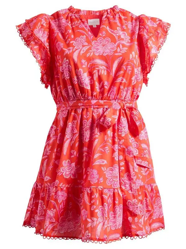 SUGARLIPS Aria Floral Print V-neck Ruffled Mini Dress - Red-pink