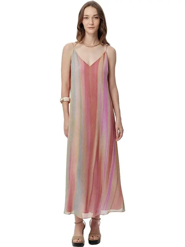 EXQUISE V-neck Spaghetti Strap Striped Midi Dress - Multi Color