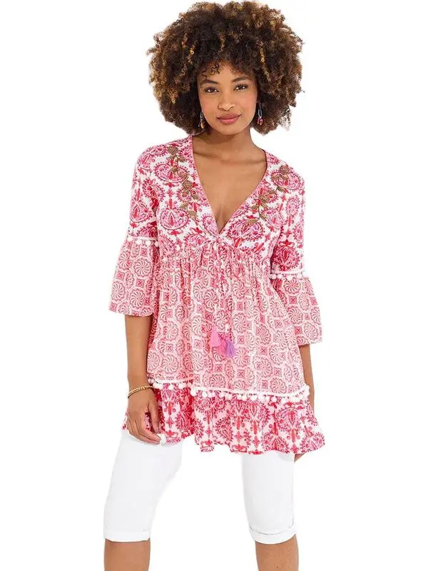 JOE BROWNS Bell Sleeve Pom Pom Tunic - Boho Medallion Patchwork