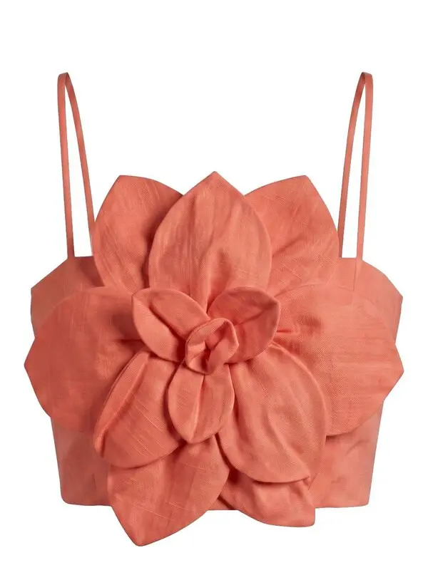 Yumi Kim Tangerine Linen Top With 3d Flower Embellishment - Orange