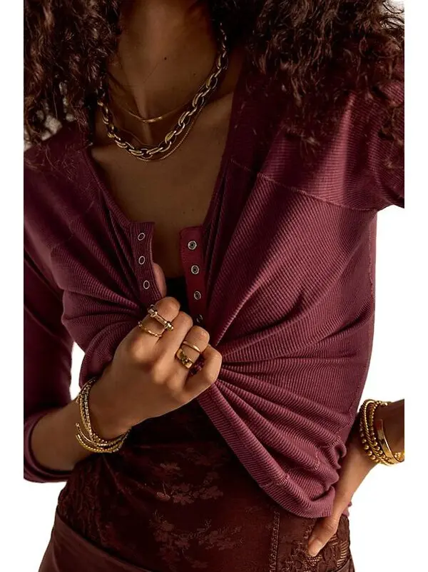 Free People Ribbed Henley Long Sleeve Top - Plum Shadow