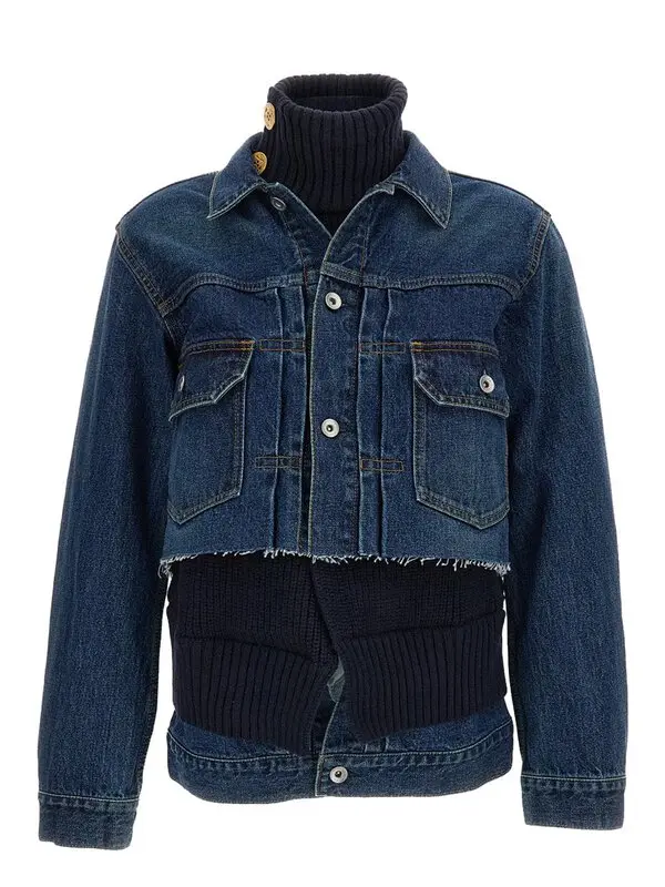 Sacai Hybrid Denim And Wool-knit Jacket - Blu