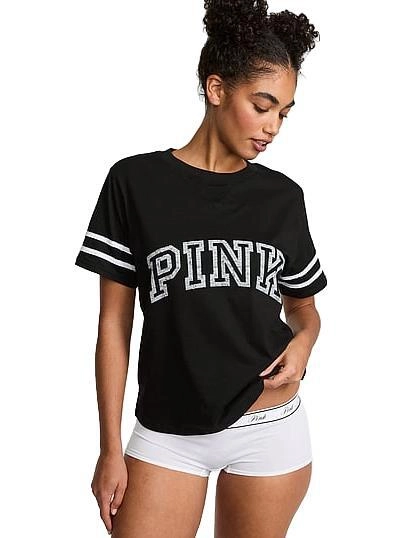 Pink Campus Cotton V-stitch Crewneck Boxy Tee - Black