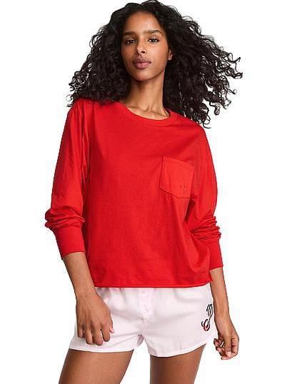 Pink Campus Cotton Long-sleeve Pocket Tee - Red