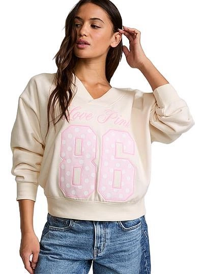 Pink Campus Fleece V-neck Sweatshirt - Grey