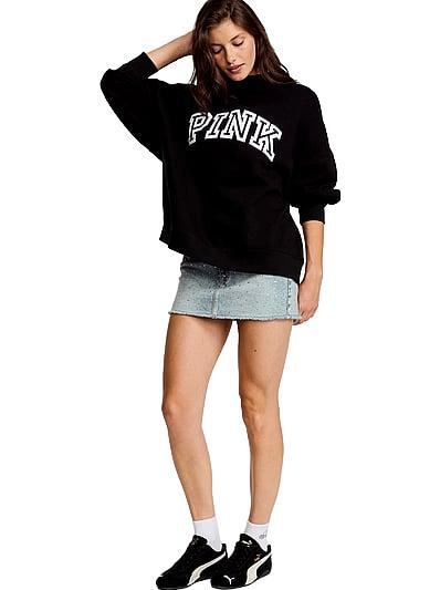 Pink Oversized Mock Neck Fleece Sweatshirt - Black