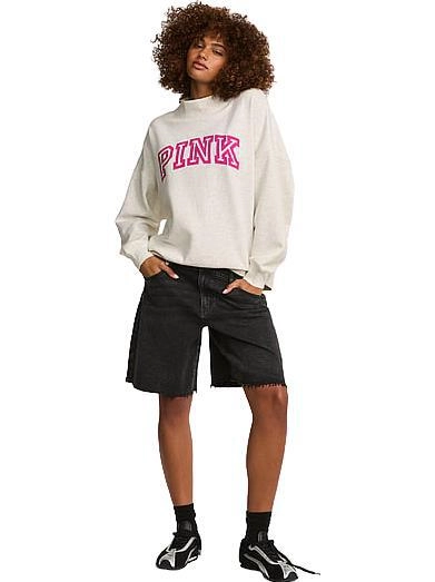 Pink Oversized Mock Neck Fleece Sweatshirt - Grey