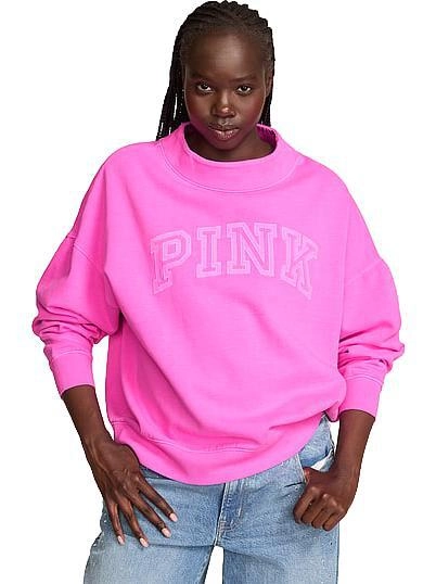 Pink Oversized Mock Neck Fleece Sweatshirt - Pink