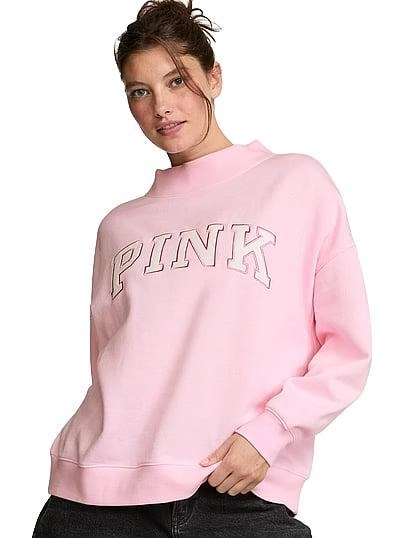 Pink Oversized Mock Neck Fleece Sweatshirt - Pink