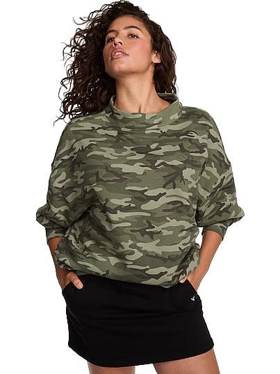 Pink Oversized Mock Neck Fleece Sweatshirt - Print