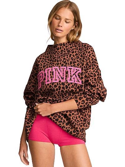 Pink Oversized Mock Neck Fleece Sweatshirt - Print