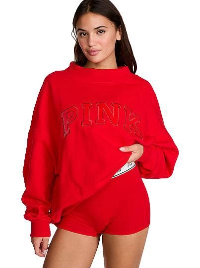 Pink Oversized Mock Neck Fleece Sweatshirt - Red