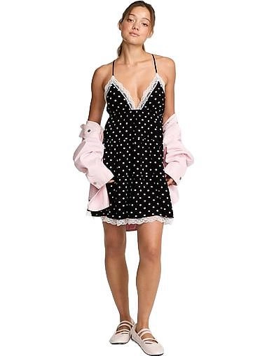 Pink Flirt Alert Tiered Mini Dress With Lace Trim - Print