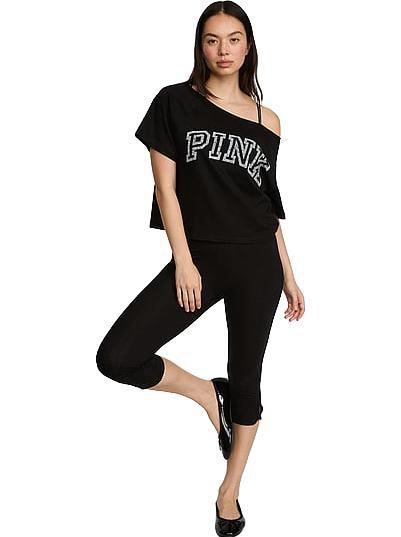 Pink Campus Cotton Off-the-shoulder Boxy Tee - Black