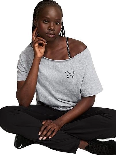 Pink Campus Cotton Off-the-shoulder Boxy Tee - Grey