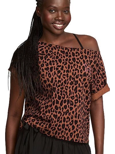 Pink Campus Cotton Off-the-shoulder Boxy Tee - Print