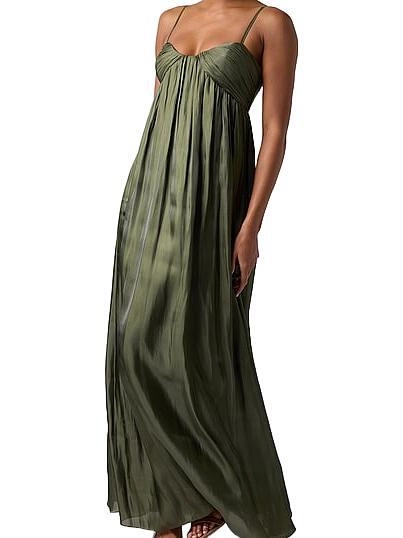 Victoria's Secret Ruched Bodice Maxi Dress With Adjustable Straps And Lace-up Back - Green