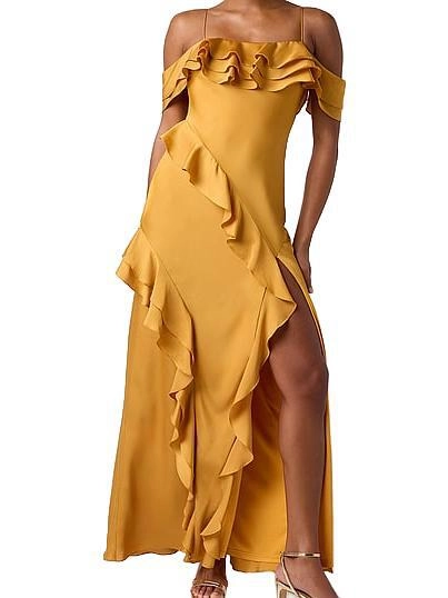 Victoria's Secret Off-the-shoulder Ruffled Maxi Dress With Slit - Yellow