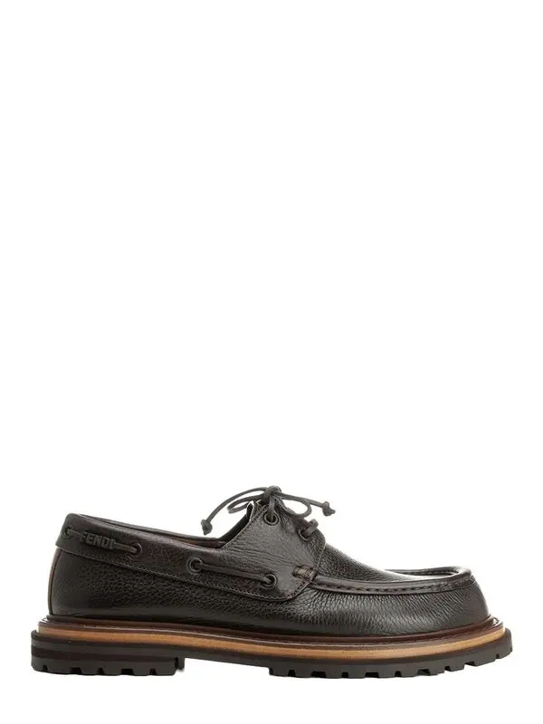 Fendi Pequin Lace-up Grained Leather Boat Shoes - Brown