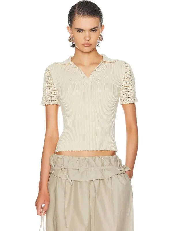Magda Butrym Short Sleeve Ribbed Knit Polo Top With Crochet Details - Cream