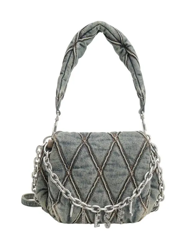 DIESEL® Charm-d Quilted Denim Shoulder Bag With Rhinestone Charms - Blue