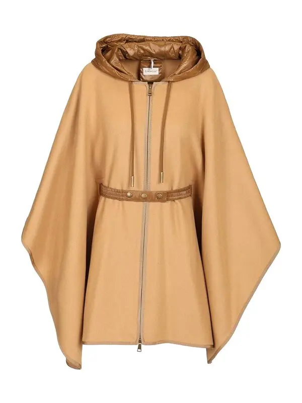 Moncler Padded Wool Blend Cape With Hood - Cream
