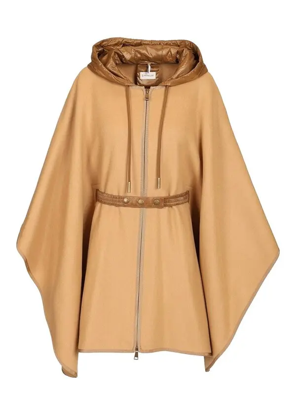 Moncler Padded Wool Blend Cape With Hood - Cream