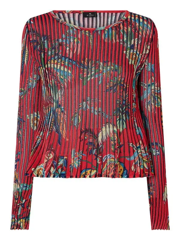 Etro Floral-print Open-knit Ribbed Blouse - Red